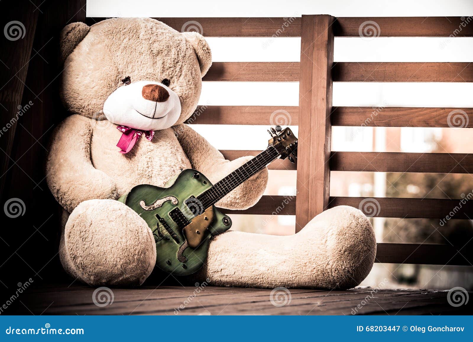Big Plush Teddy Bear with a Guitar. Stock Image - Image of furry ...