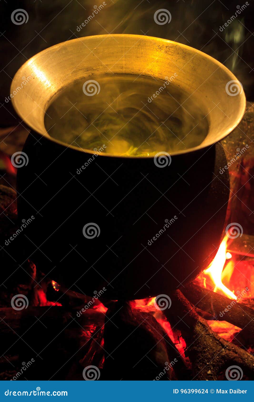 Big Pot on the Camp Fire in the Evening. Spring Mountains Stock Photo ...