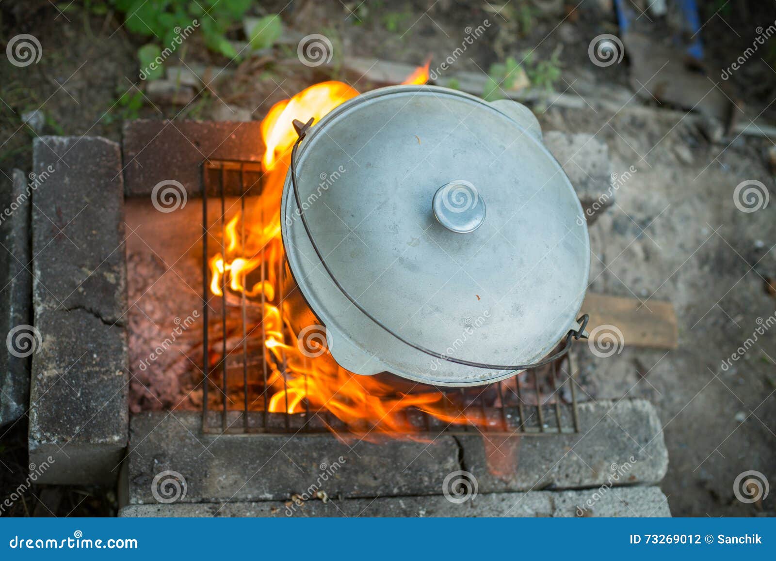 The Big Pot is Standing on the Bonfire Stock Photo - Image of forest ...