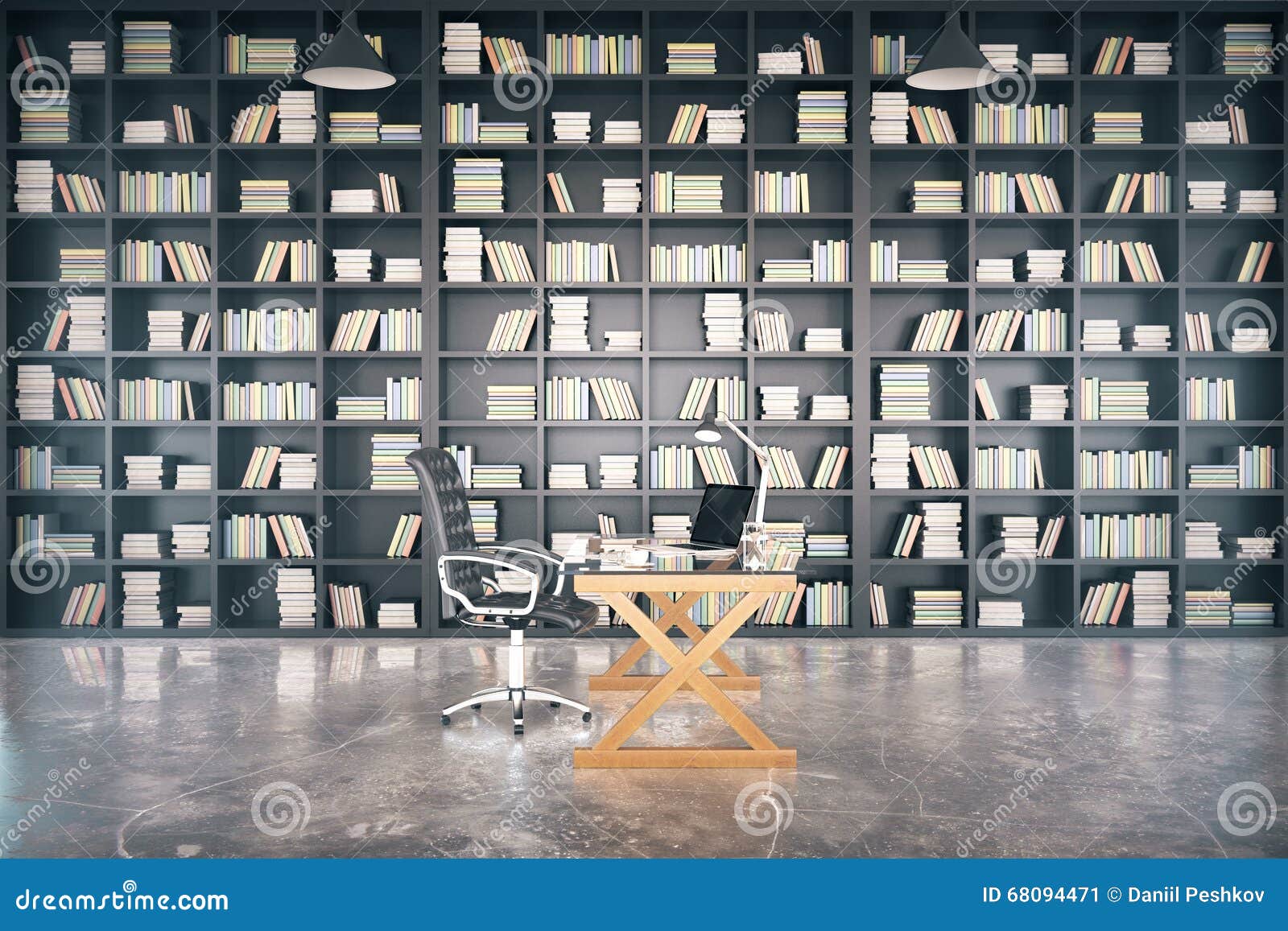 Big Private Library with Glassy Table and Concrete Floor, 3D Render ...
