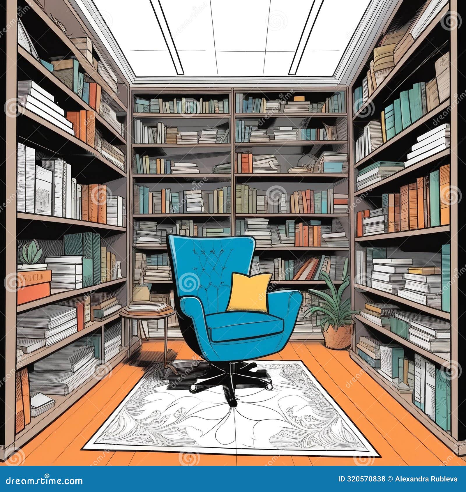 Big Private Library with Glassy Table and Concrete Floor, 3D Render ...