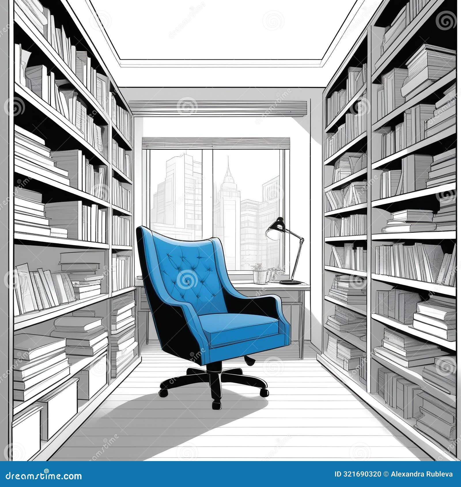 Big Private Library with Glassy Table and Concrete Floor, 3D Render ...