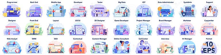 Big it Profession Set. Programmer Write Software and Create Code for Computer Stock Vector ...