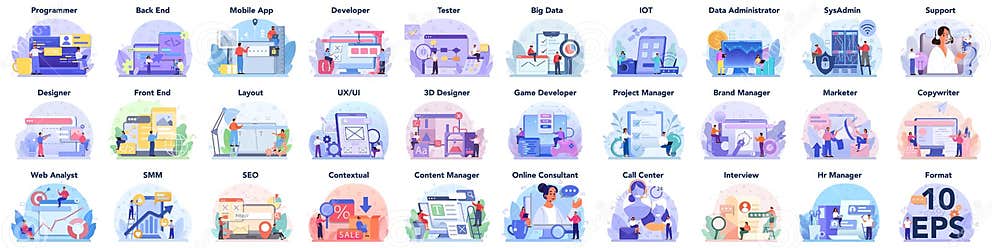 Big it Profession Set. Programmer Write Software and Create Code for Computer Stock Vector ...