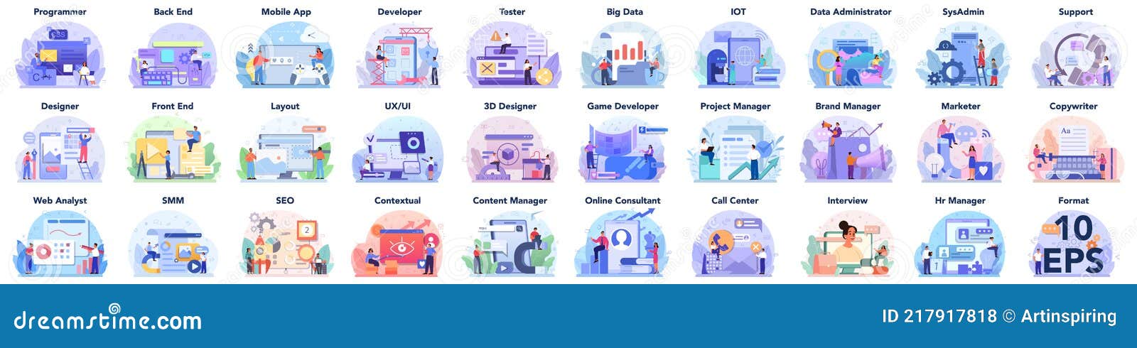 Big it Profession Set. Programmer Write Software and Create Code for Computer Stock Vector ...
