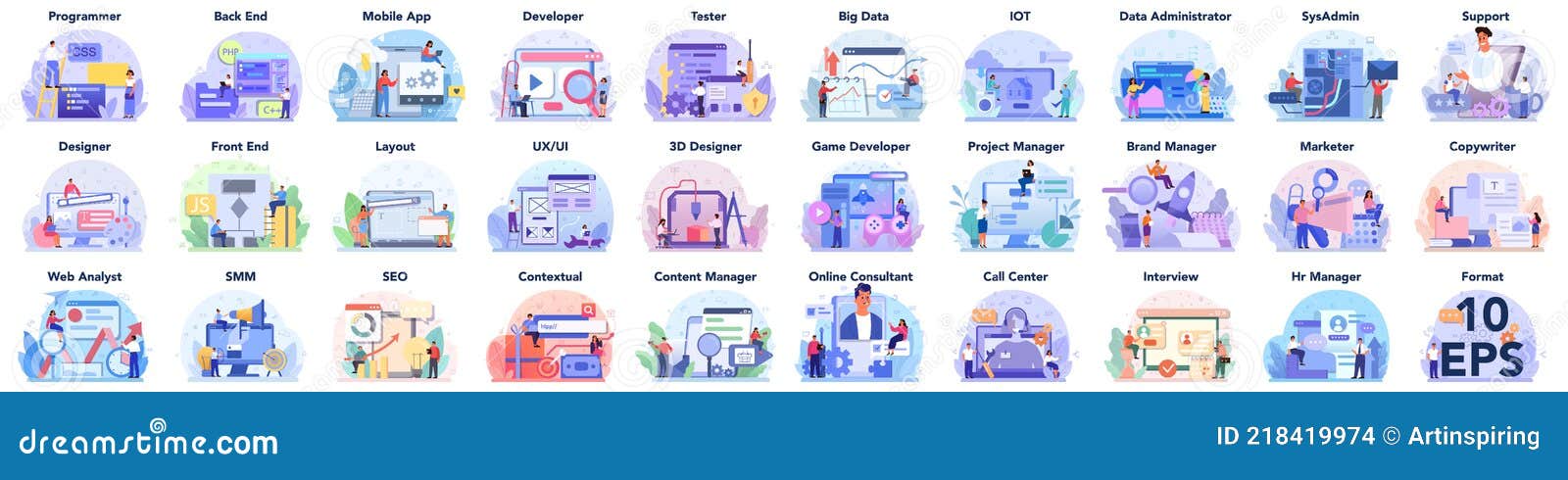 Big It Profession Set Programmer Write Software And Create Code For Computer Stock Vector