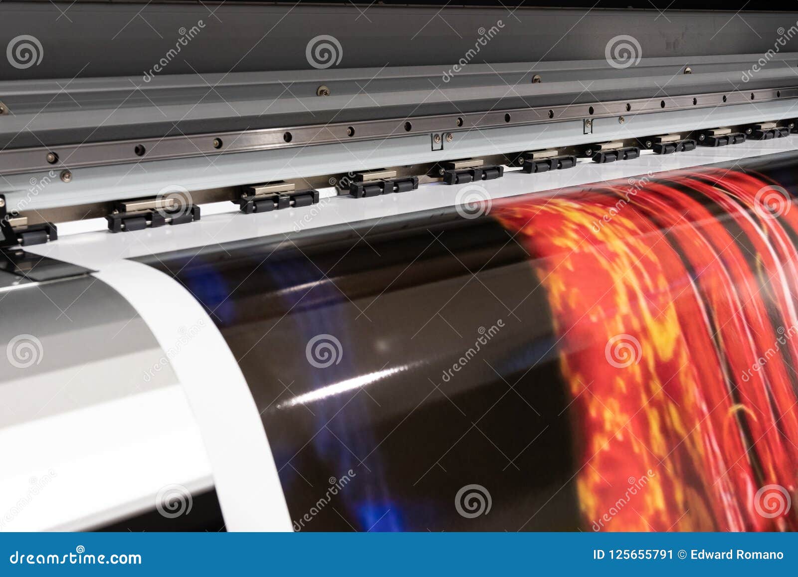 Big Professional Printer, Processing Massive Vinyl Red Rolls. Stock ...