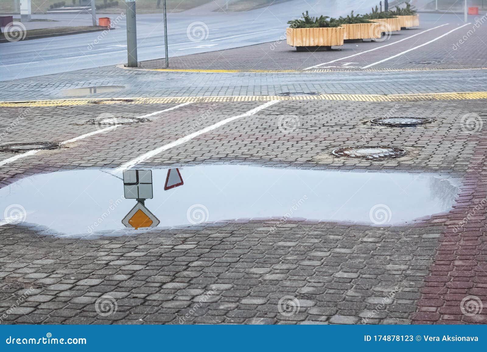 Big Puddle on the Sidewalk in City Stock Image - Image of town ...