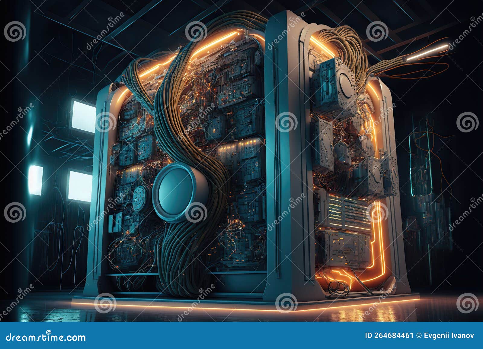 Big Quantum Mega Computer. Computer Center, Fantasy Cyberpunk. Wires ...