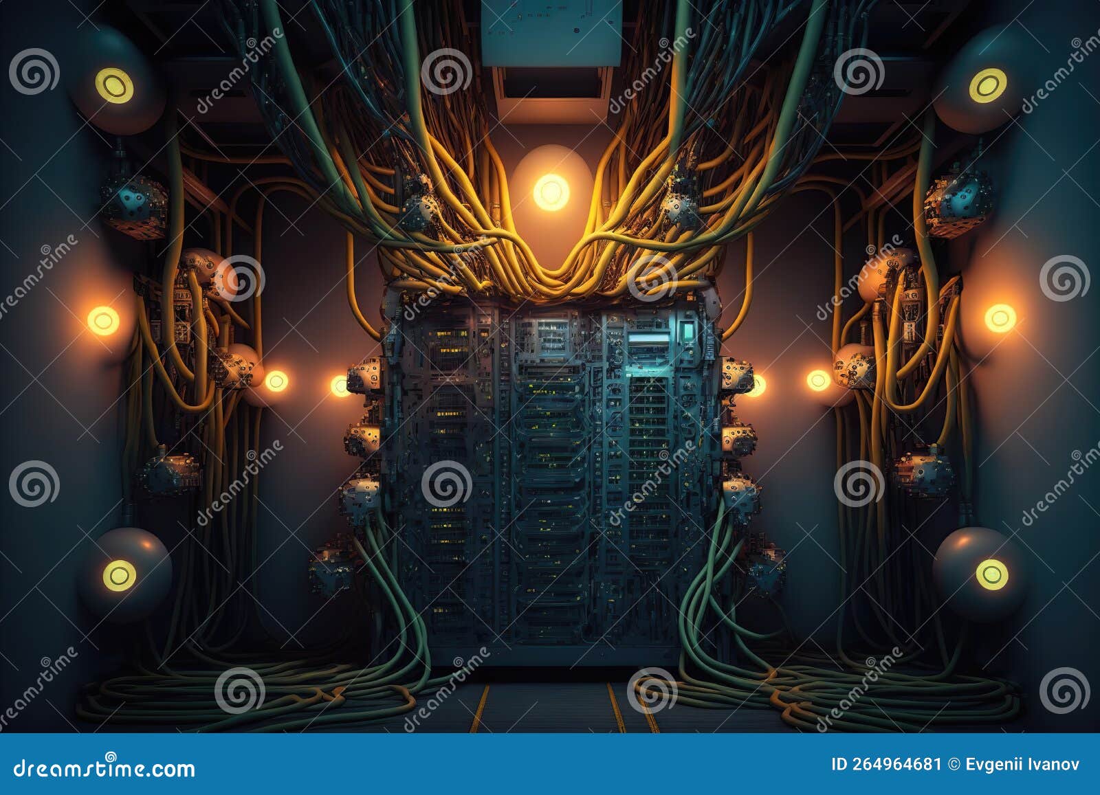 Big Quantum Mega Computer. Computer Center, Fantasy Cyberpunk. Wires ...