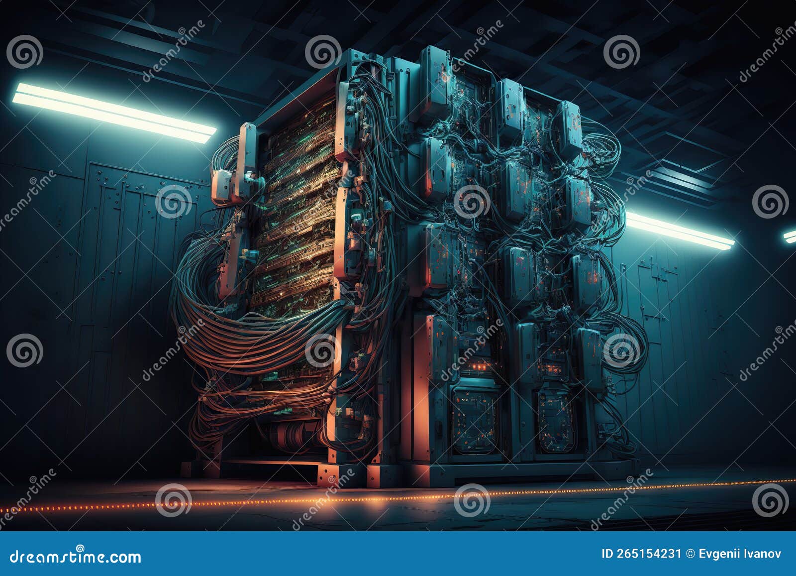 Big Quantum Mega Computer. Computer Center, Fantasy Cyberpunk. Wires ...