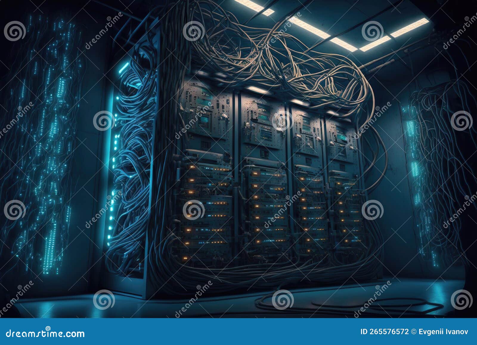 Big Quantum Mega Computer. Computer Center, Fantasy Cyberpunk. Wires ...