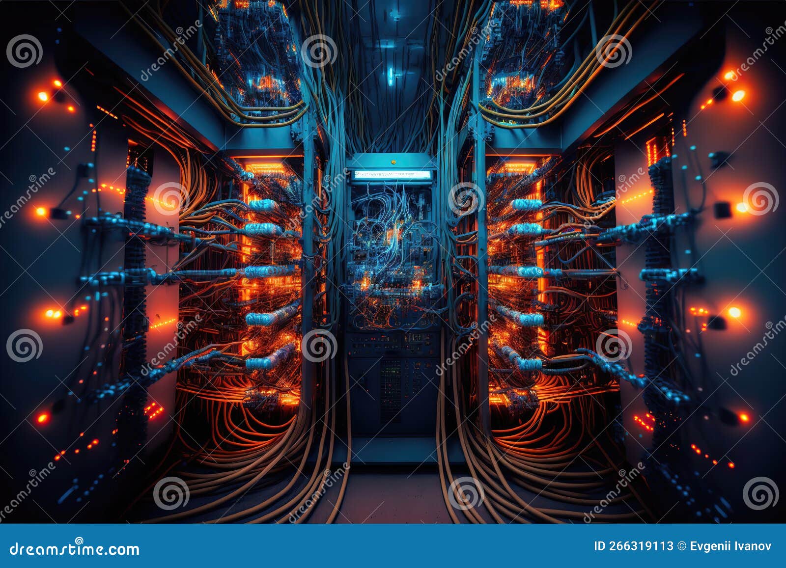 Big Quantum Mega Computer. Computer Center, Fantasy Cyberpunk. Wires ...