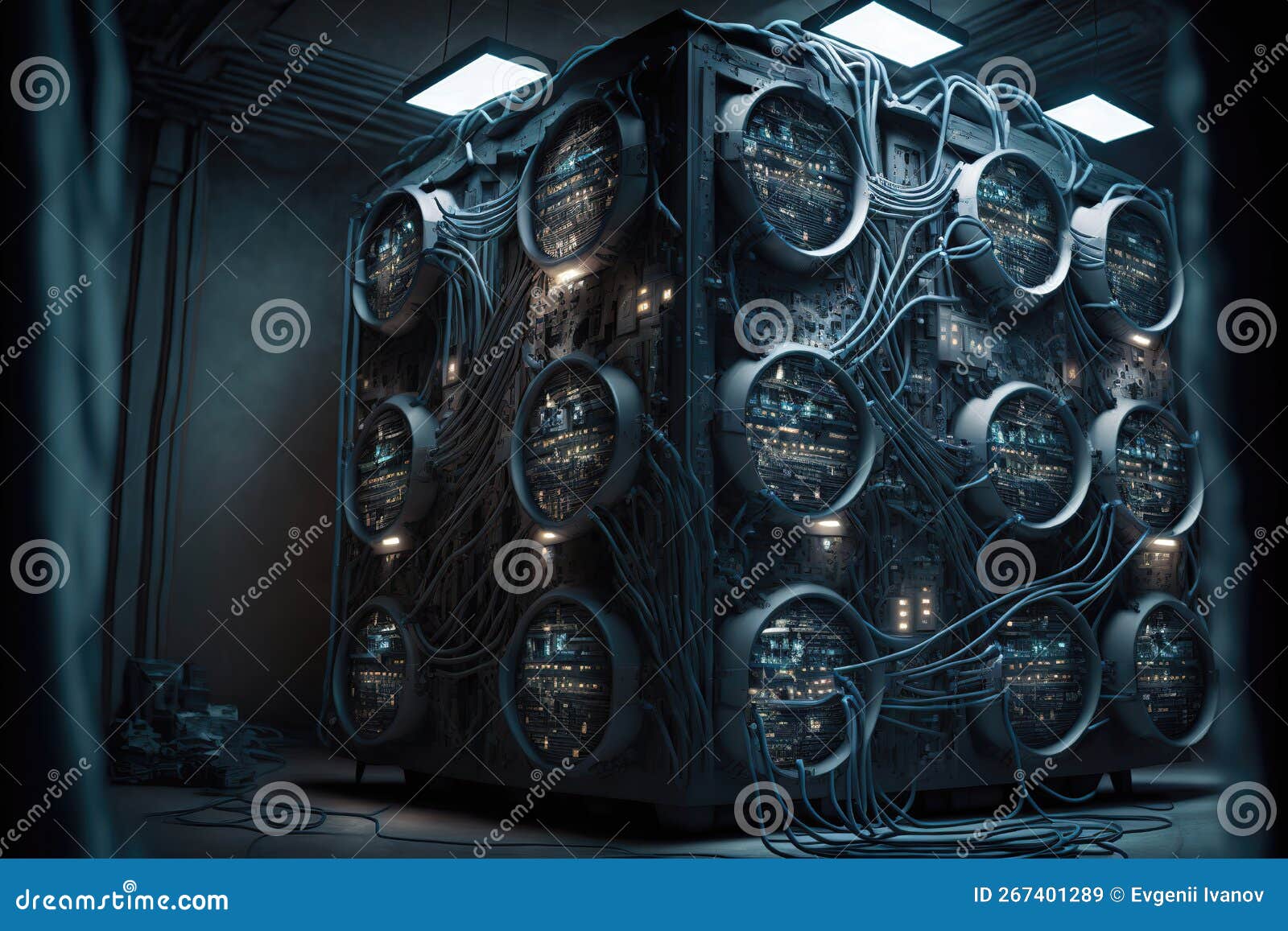 Big Quantum Mega Computer. Computer Center, Fantasy Cyberpunk. Wires ...