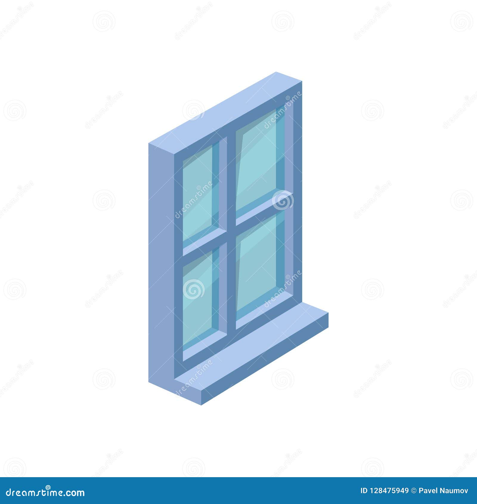 Big Rectangular Window with Blue Frame, Windowsill and Glass. Isometric ...