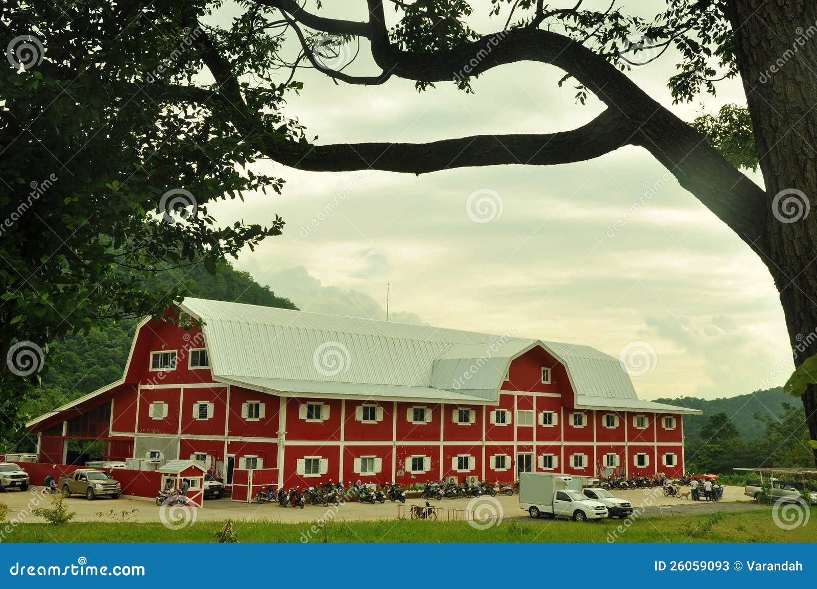 Big red barn with mountain stock image. Image of artistic - 26059093