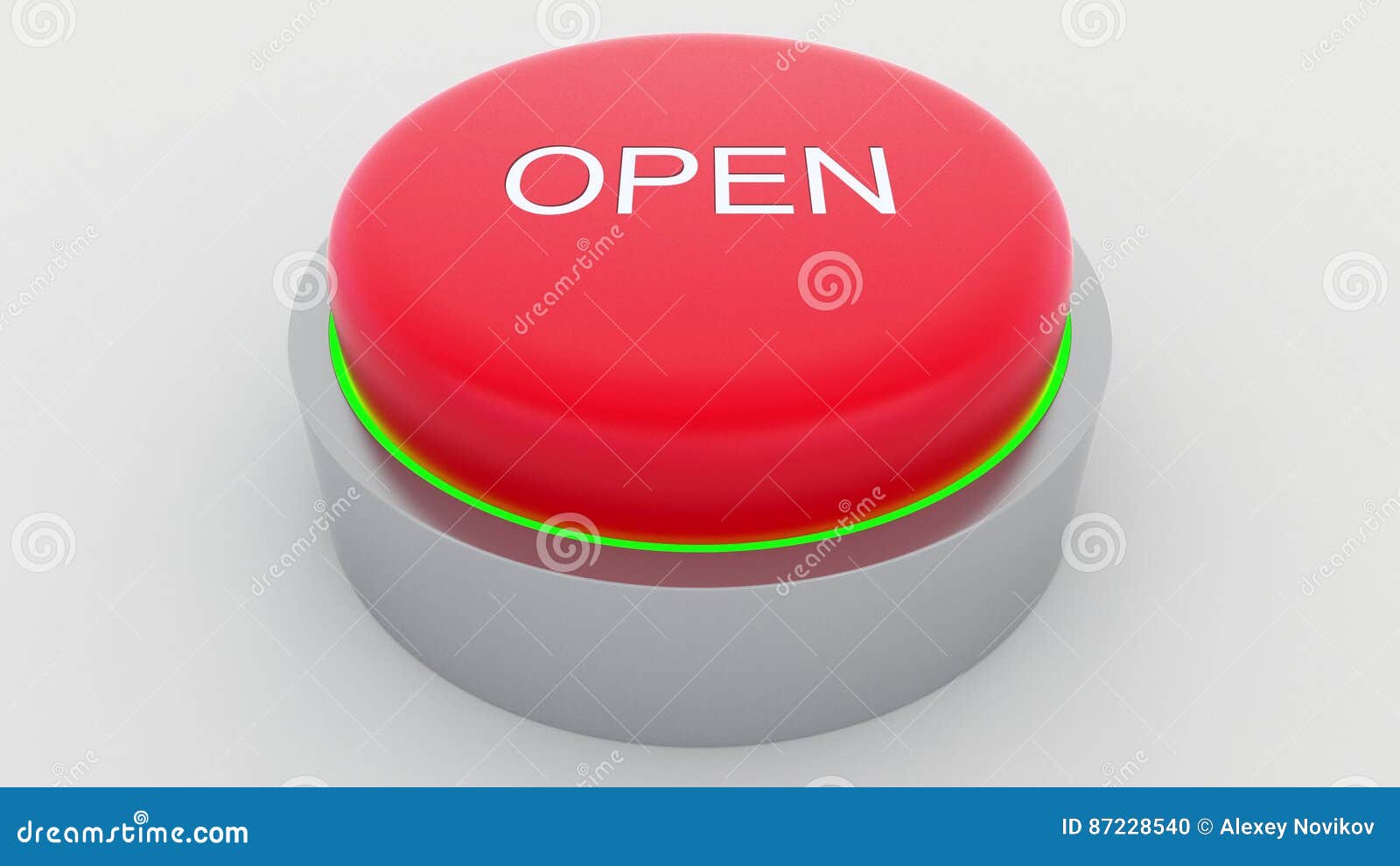 Big Red Button with Open Inscription Being Pushed. Conceptual 3D ...