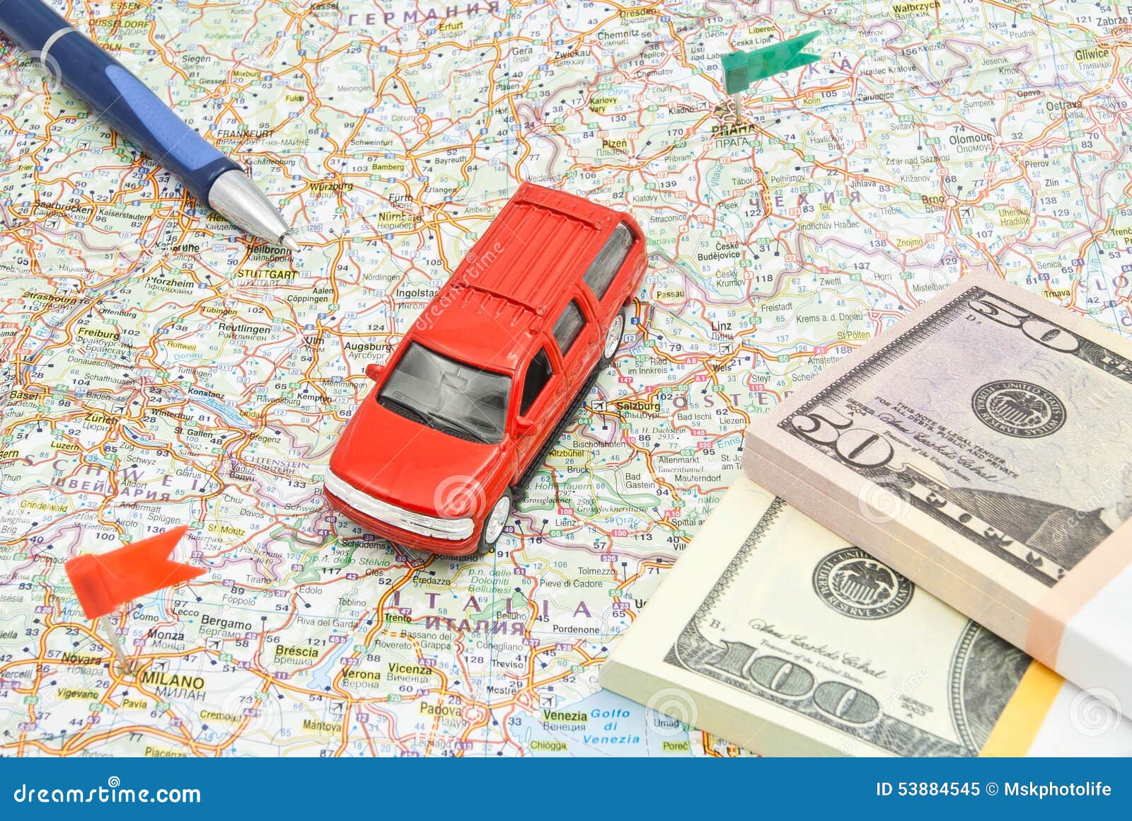 Big Red Car, Notes and Pen on Map Stock Image - Image of europe, locate ...