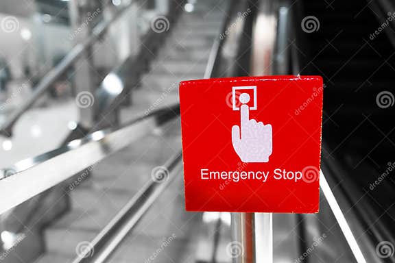 Big Red Escalator Emergency Stop Button Close Up Stock Photo - Image of ...
