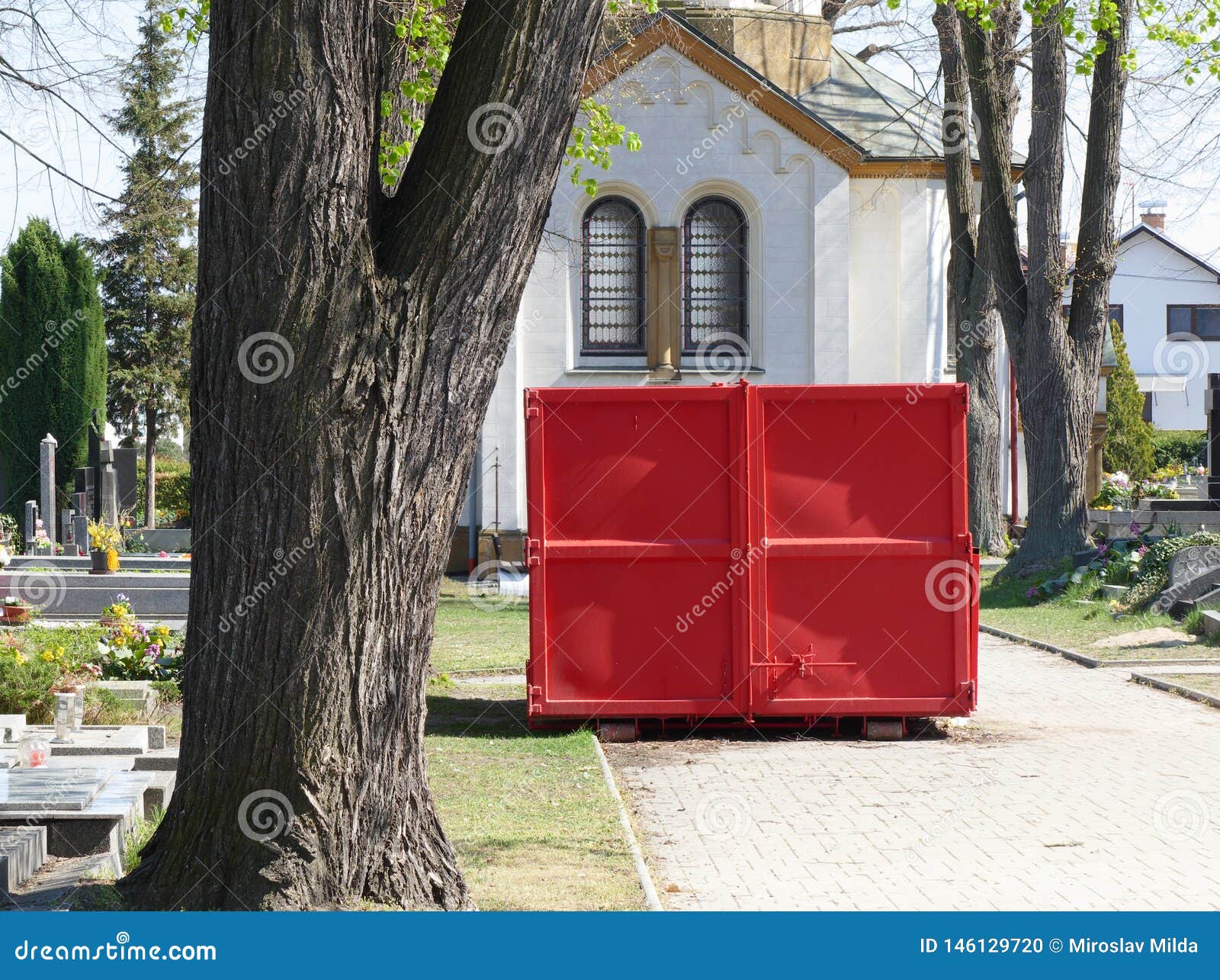 Big Red Garbage Container in Cemetry Stock Photo - Image of environment ...