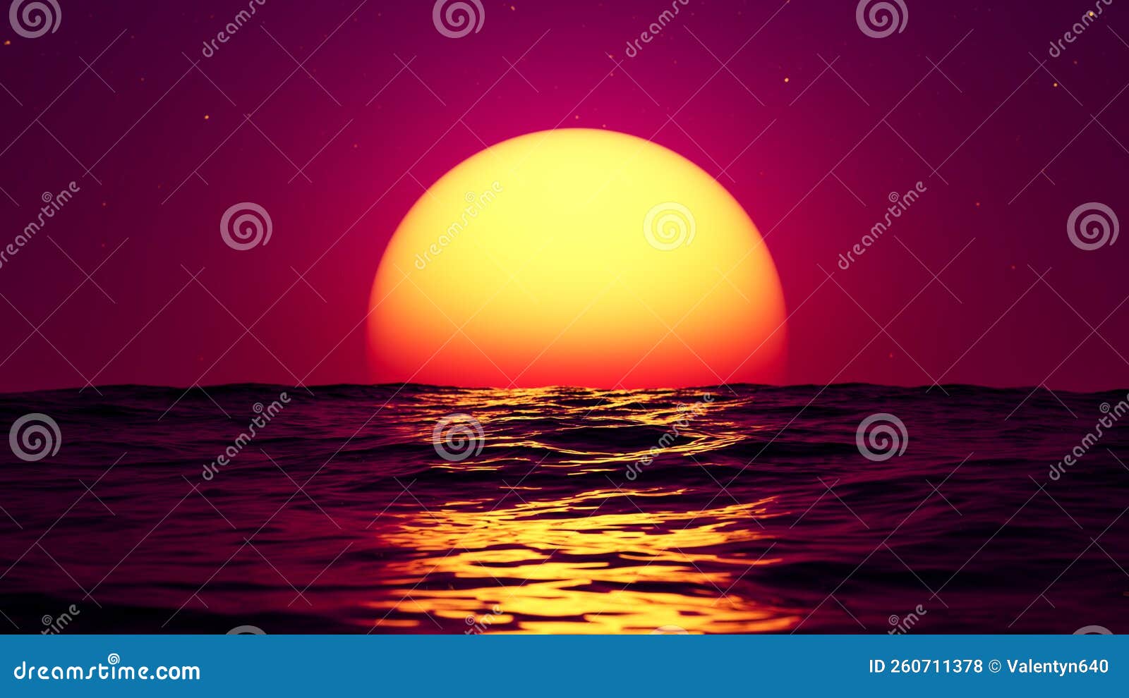 Big Red Hot Sun in the Reflection of the Sea Over the Horizon. 3D ...