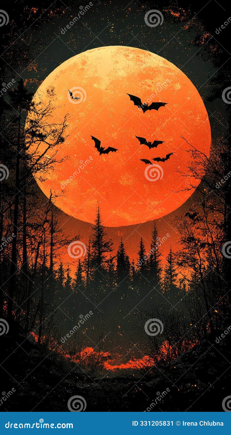 Big Red Moon Illuminating River Flowing through Forest Stock ...