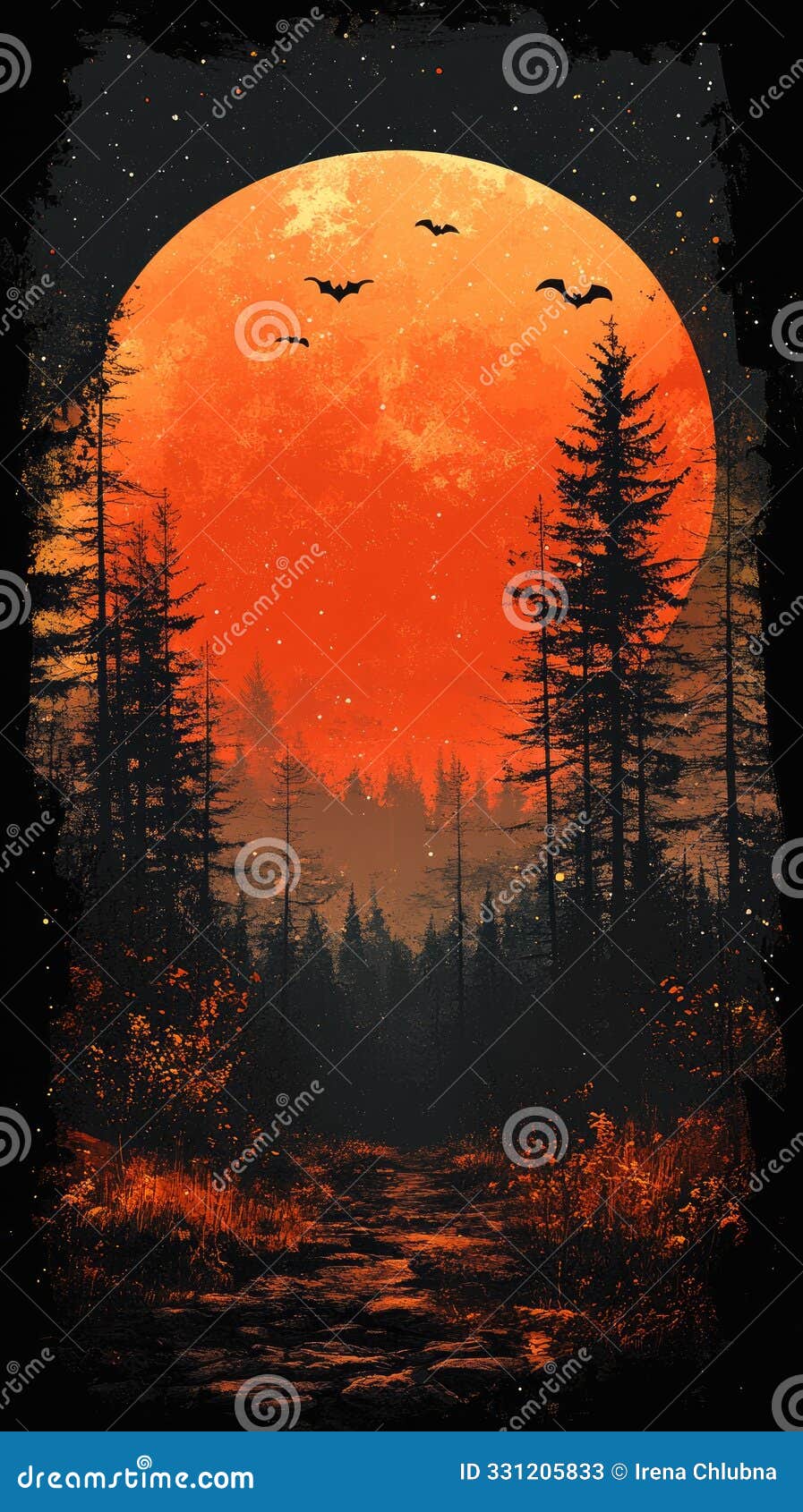 Big Red Moon Illuminating River Flowing through Forest Stock ...