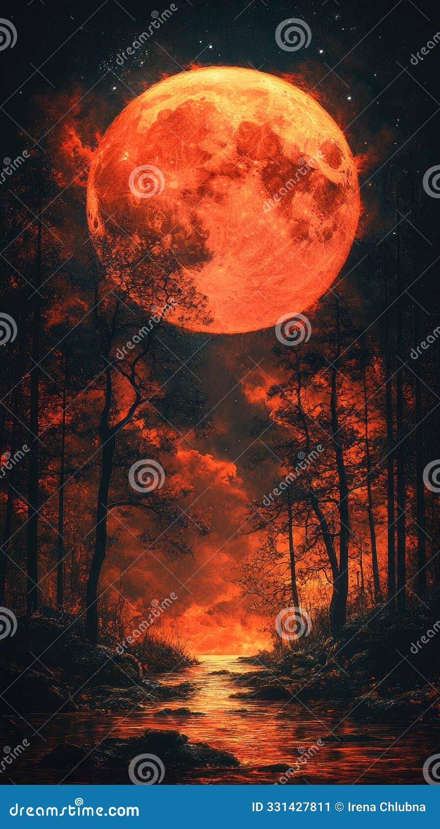 Big Red Moon Illuminating River Flowing through Forest Stock ...
