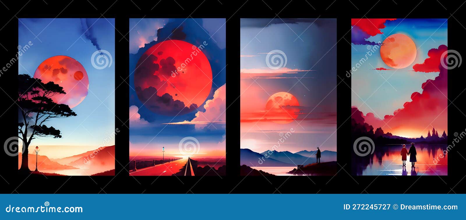 Big Red Moon in Night Sky Over Forest. Stock Illustration ...