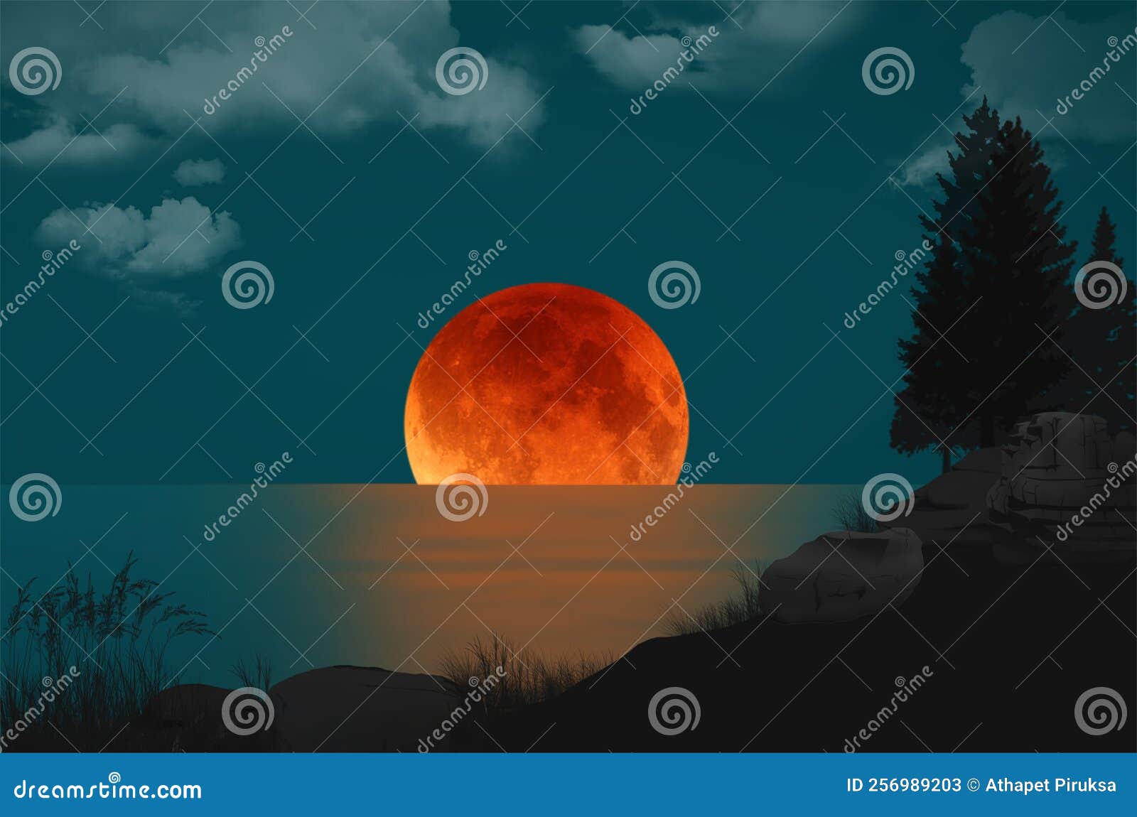 Big Red Moon Rises in Blue Sea in the Winter Evening Stock Illustration ...