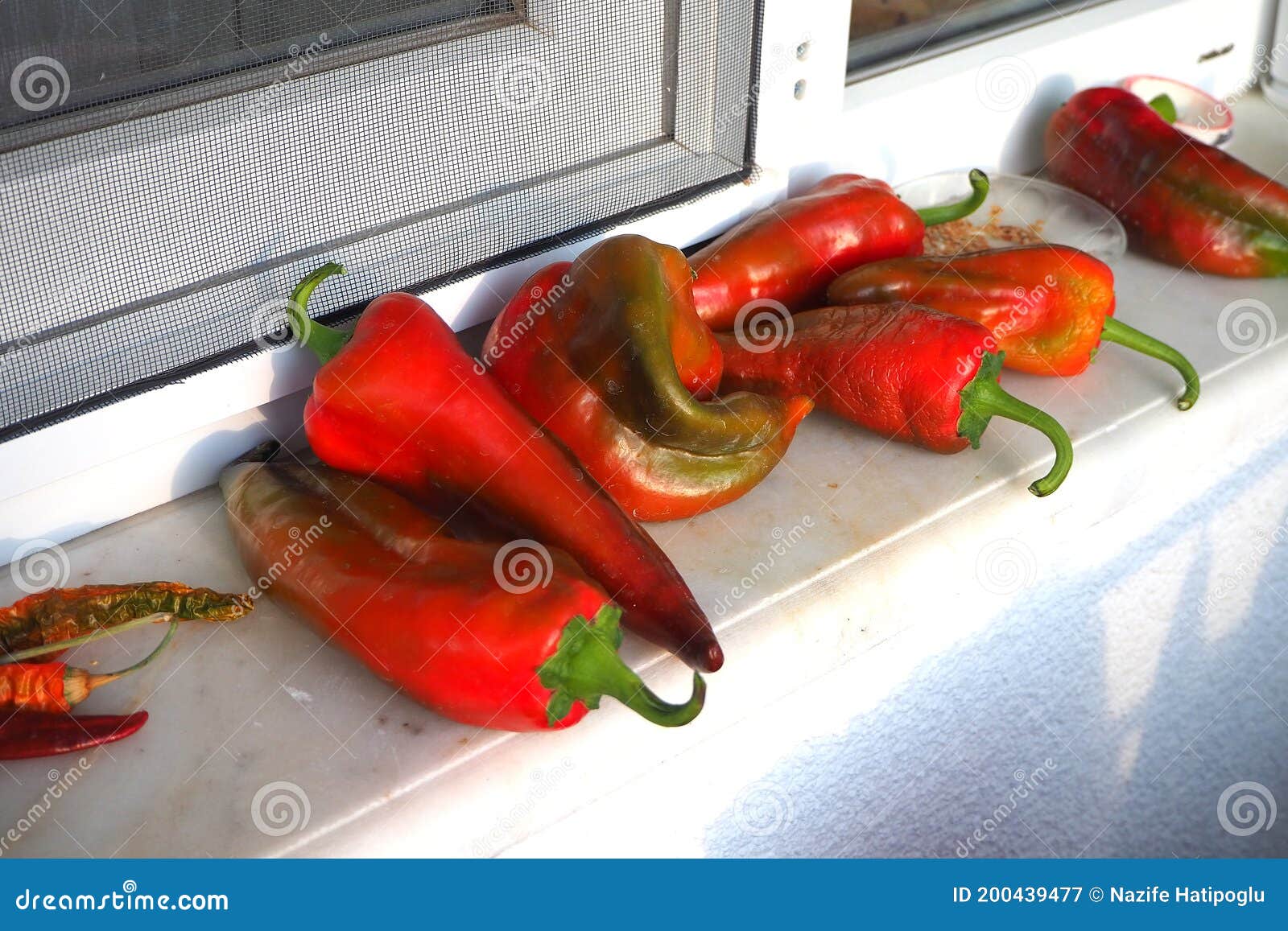 Big Red Peppers Left To Ripen in Front of the Windowsill Stock Image ...