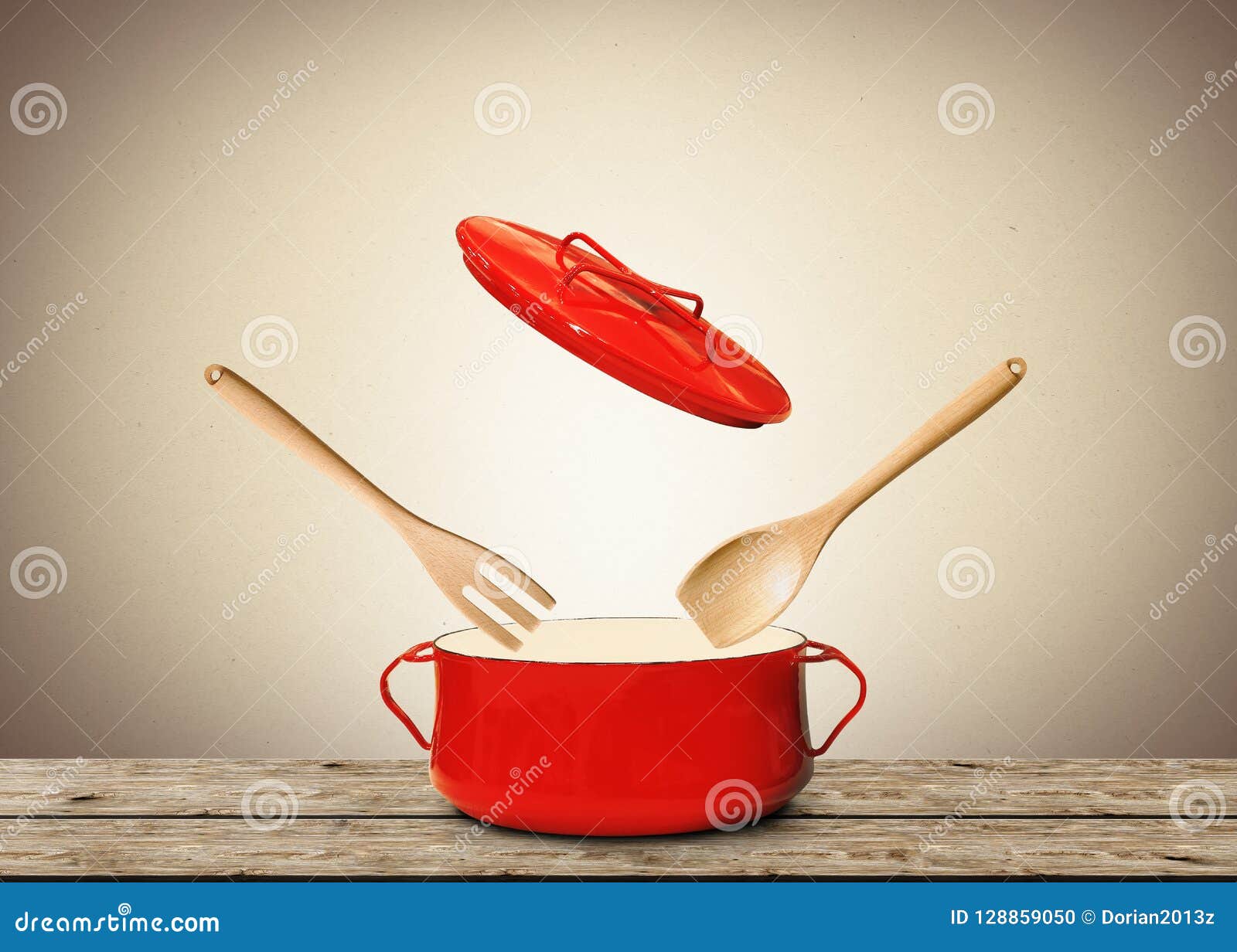 Big red pot for soup stock photo. Image of fork, recipe - 128859050