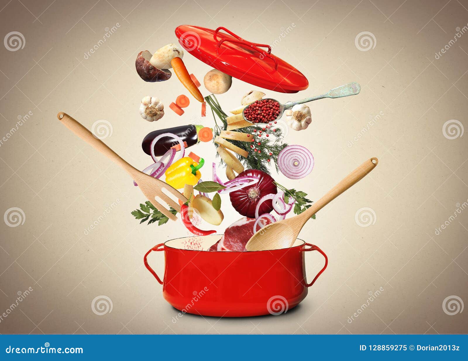 Big red pot for soup stock image. Image of kitchen, garlic - 128859275