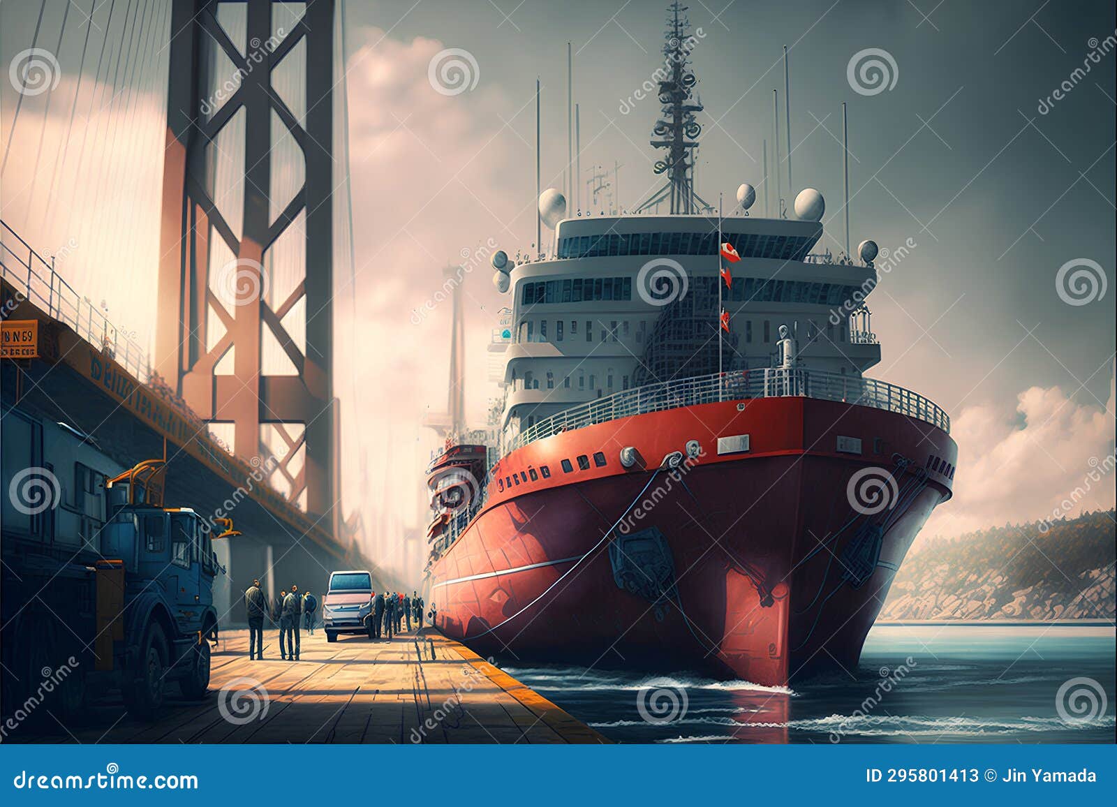 Big Red Ship in the Sea with Bridge in the Background. 3d Rendering ...