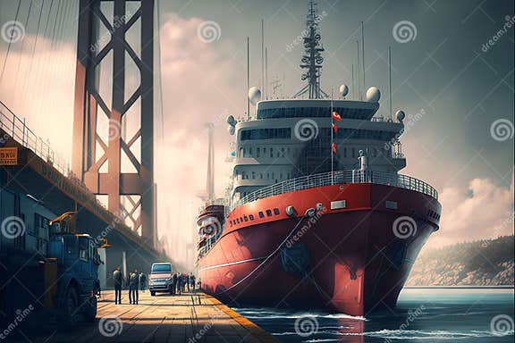 Big Red Ship in the Sea with Bridge in the Background. 3d Rendering ...