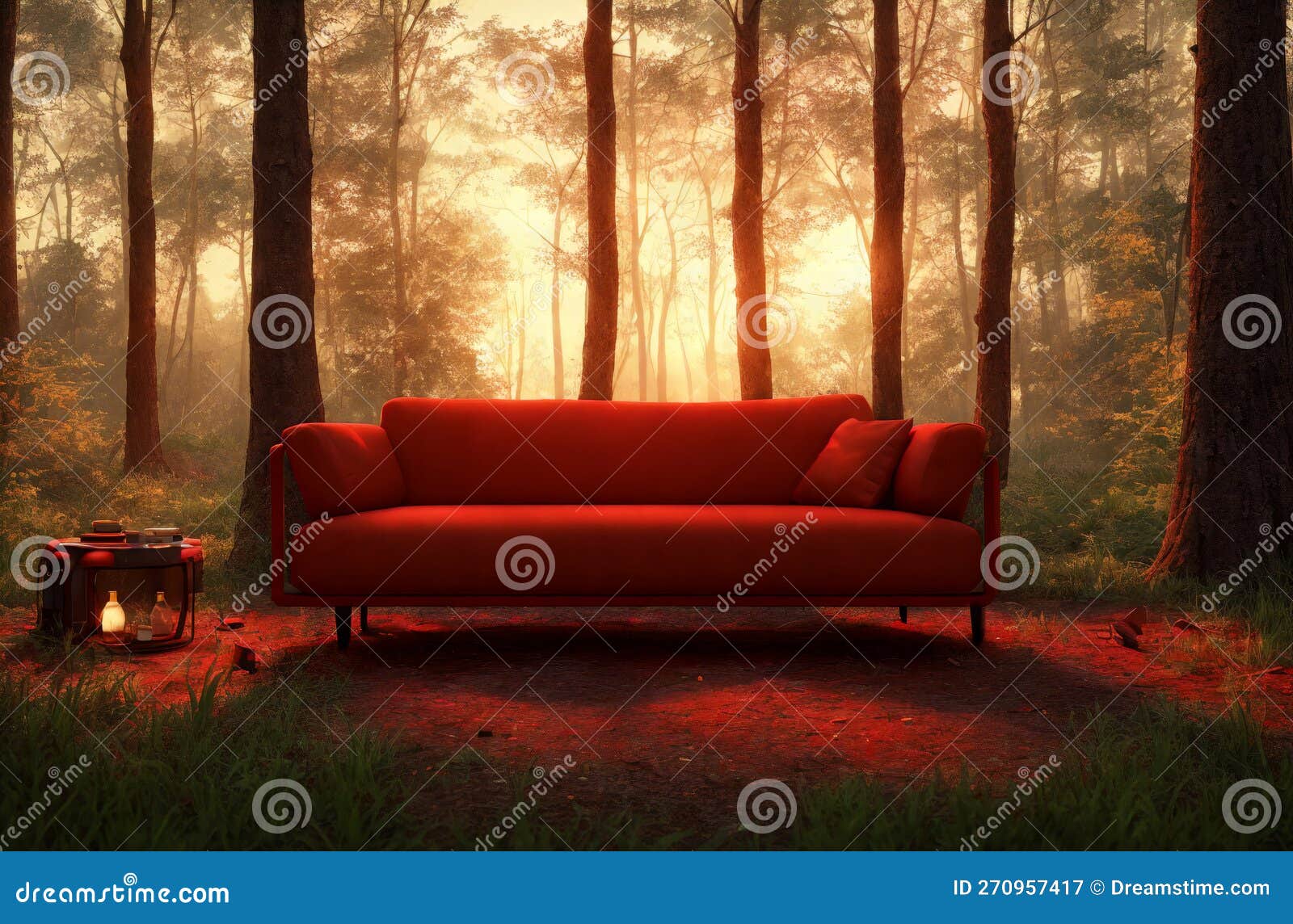 Big Red Sofa in Clearing in Forest. Concept of Comfort, Silence ...