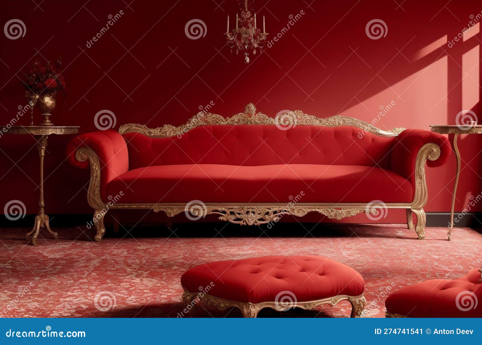 Big Red Sofa in Red Room. Bright Interior in Apartment. Generative AI ...