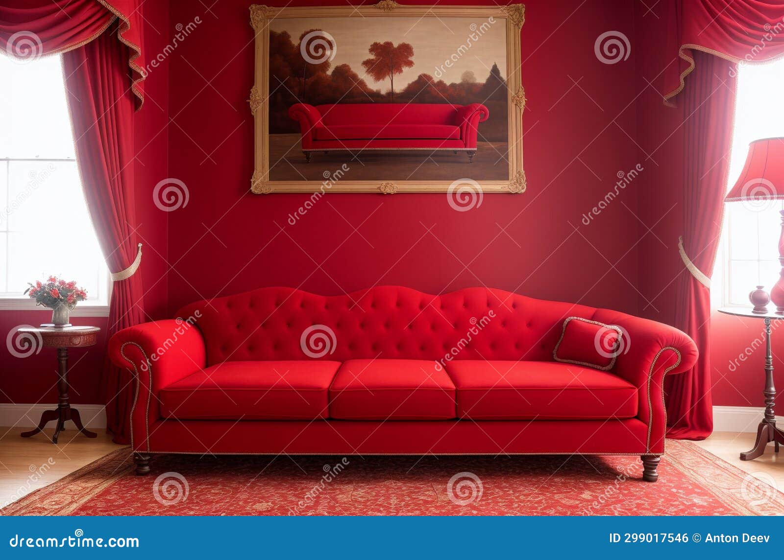 Big Red Sofa in Red Room. Bright Interior in Apartment. Generative AI ...
