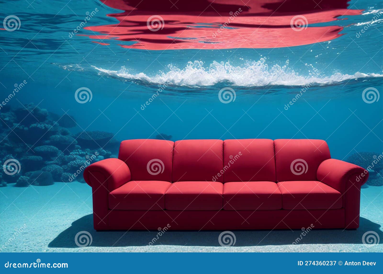 Big Red Sofa Under Water. Comfortable Couch at Bottom of Ocean, Sea ...