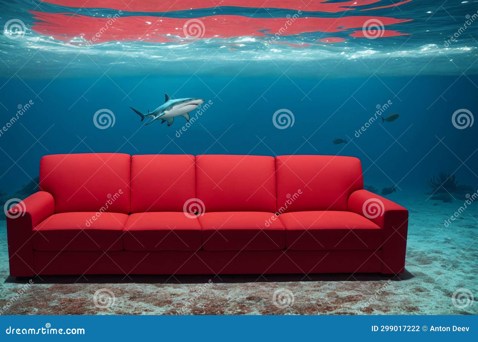 Big Red Sofa Under Water. Comfortable Couch at Bottom of Ocean, Sea ...
