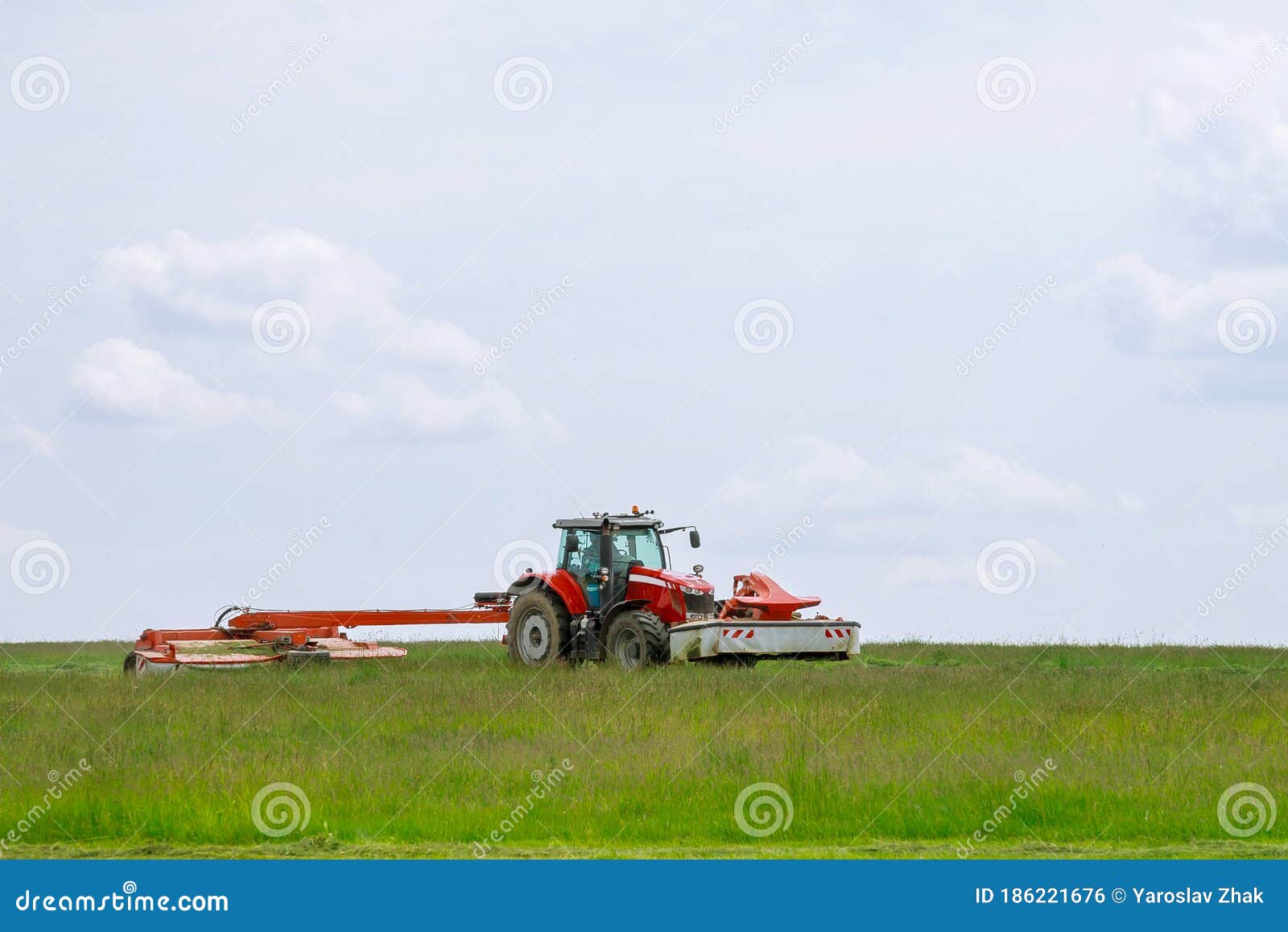Big Red Tractor with Two Mowers Mows the Grass for Silage Stock Photo ...