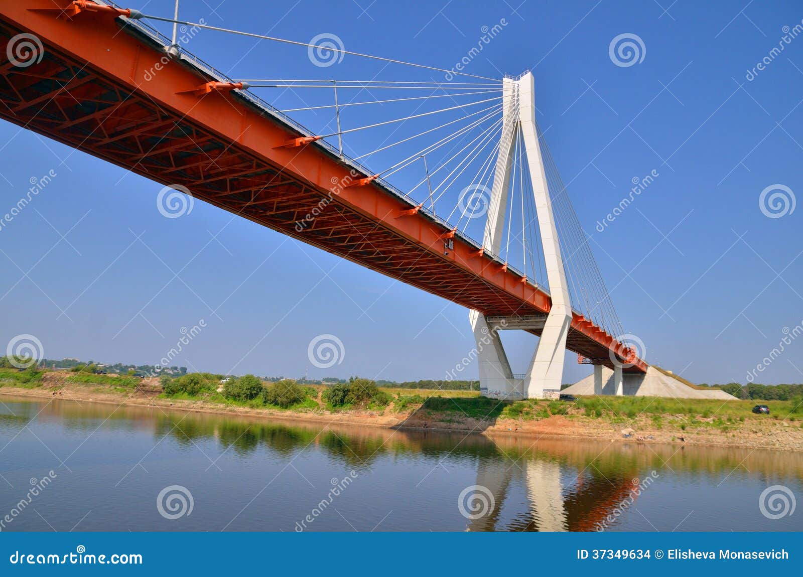 A Big Red and White Bridge through the River Oka Stock Photo - Image of ...
