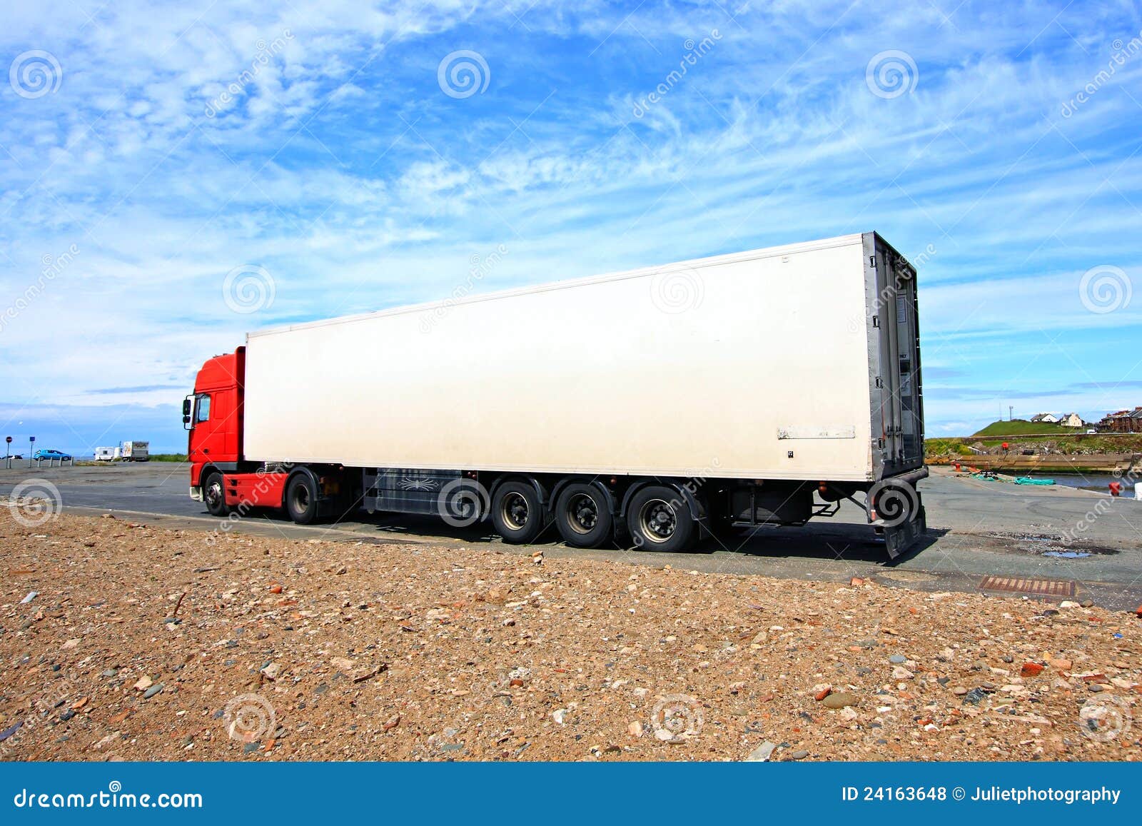 A big red and white lorry stock photo. Image of trailer - 24163648