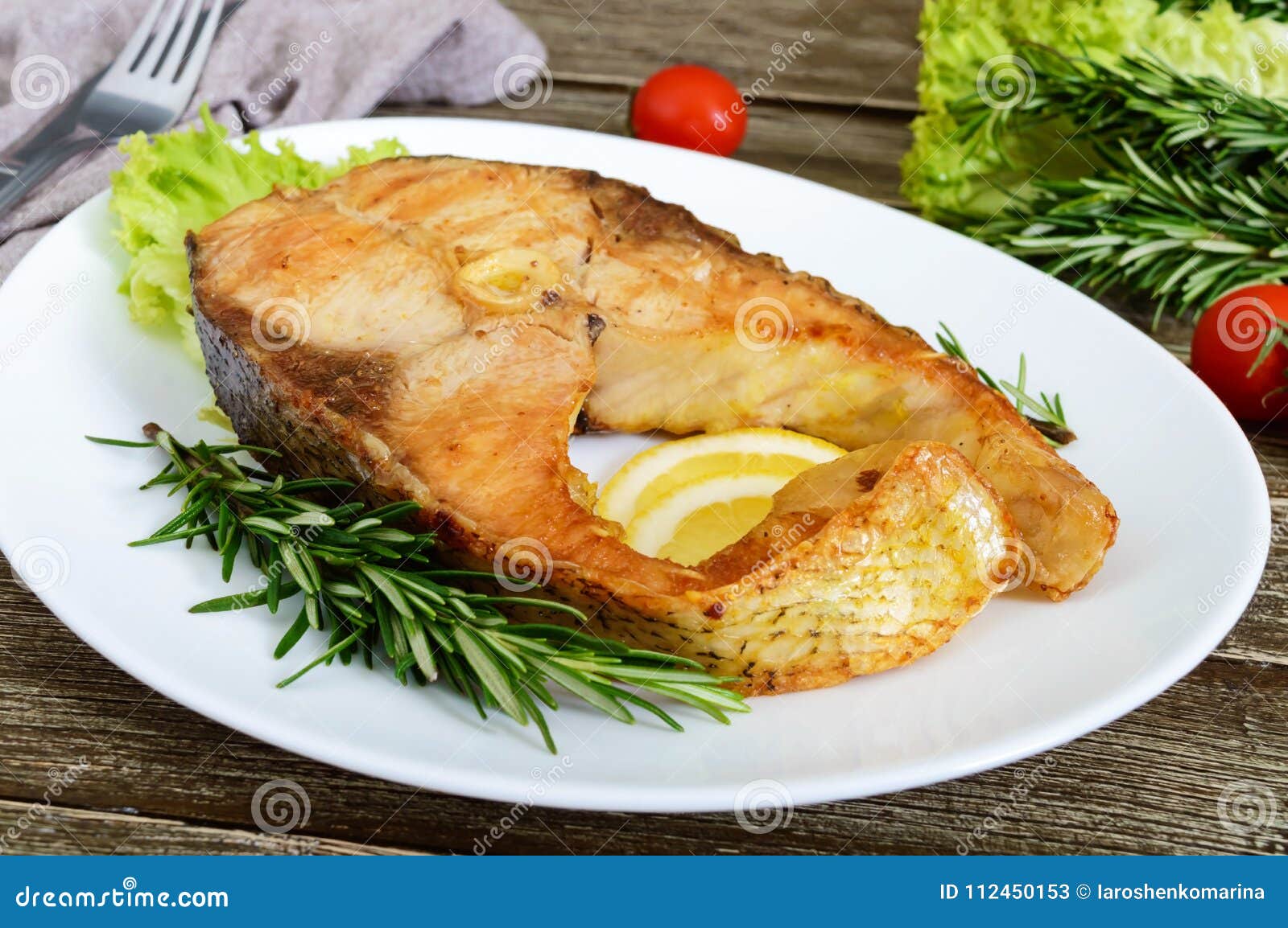 Big Roasted Carp Steak with Lemon and Rosemary Stock Image - Image of ...