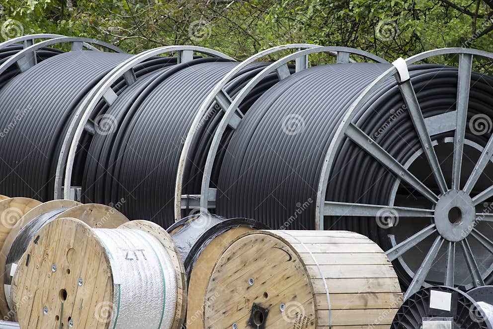 Big Rolls of Black Power Cable on Construction Site Stock Photo - Image ...