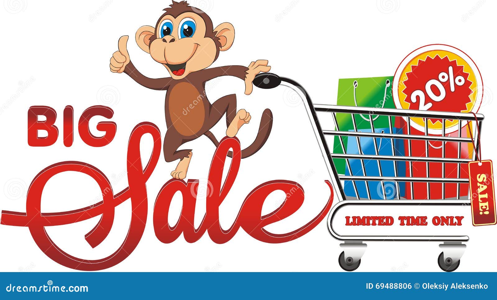 Big Sale. Monkey with Purchases Stock Vector - Illustration of blue ...