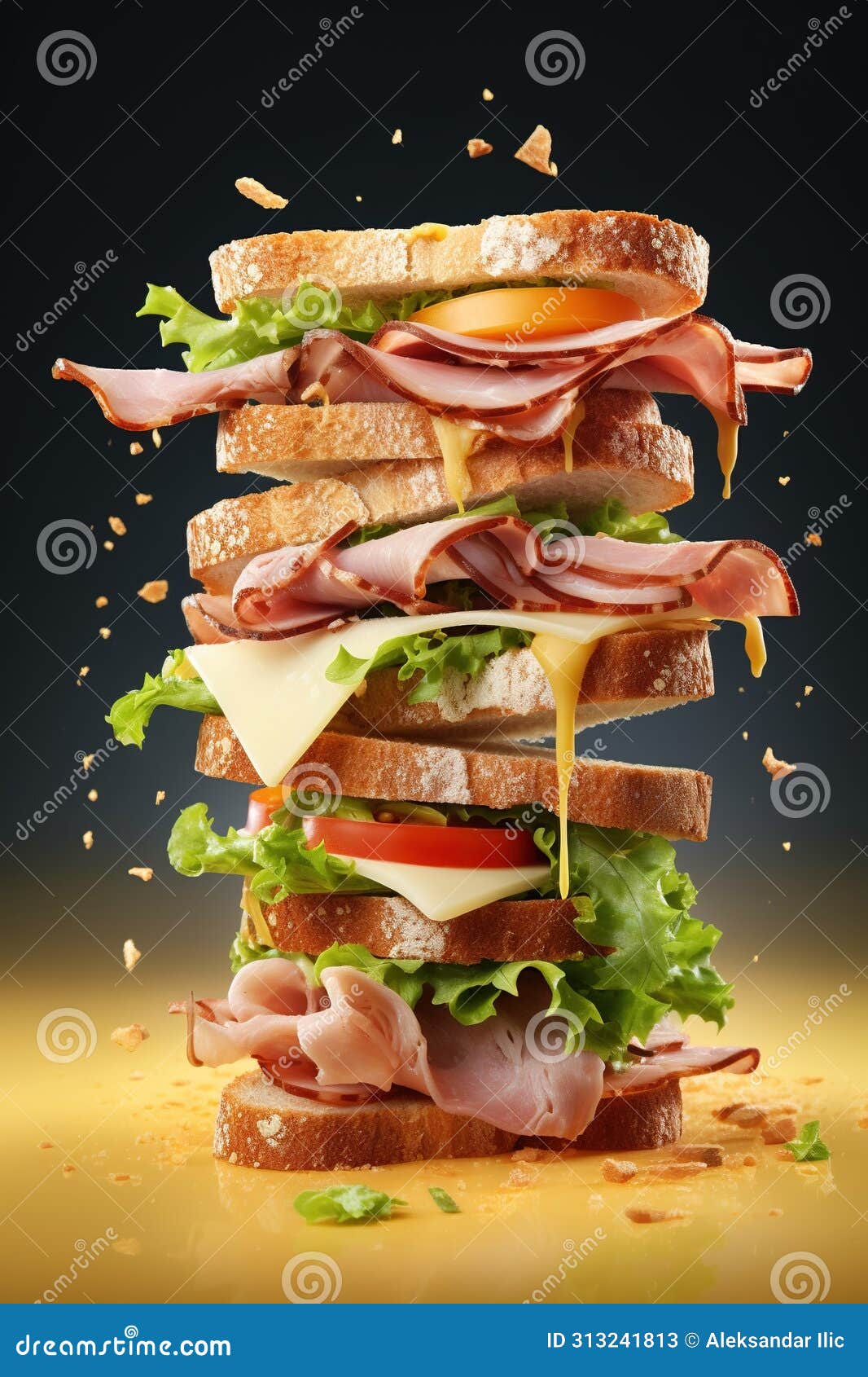 Big Sandwich Stack with Ham, Lettuce, Tomato and Cheese on Vibrant ...