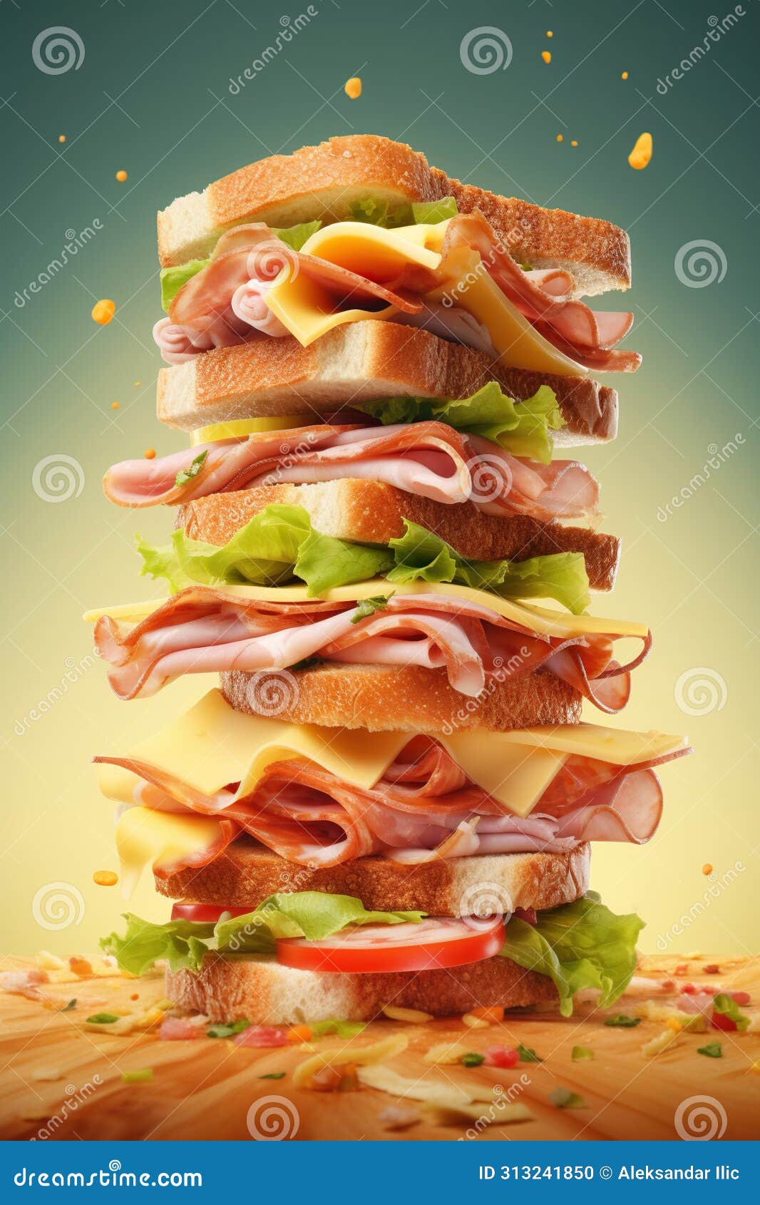 Big Sandwich Stack with Ham, Lettuce, Tomato and Cheese on Vibrant ...