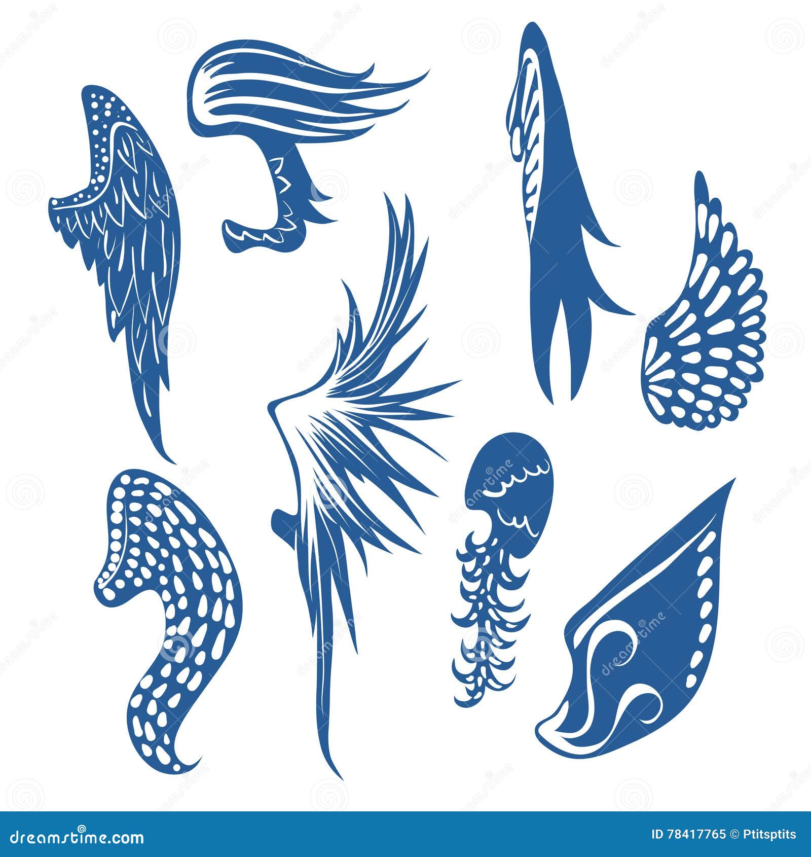 Big Set of Beautiful Contour Left Wings with Feathers Stock Vector ...