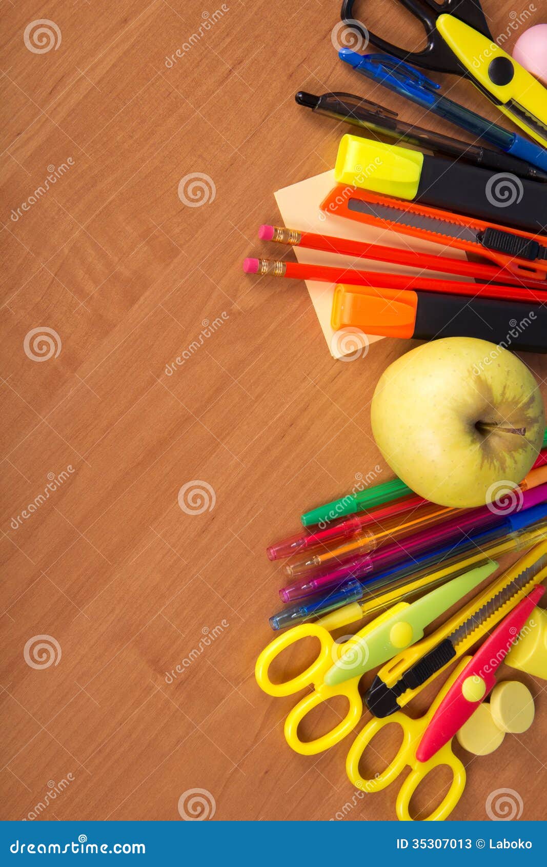 Big Set of the Bright Office Tools and Apple Stock Image - Image of ...